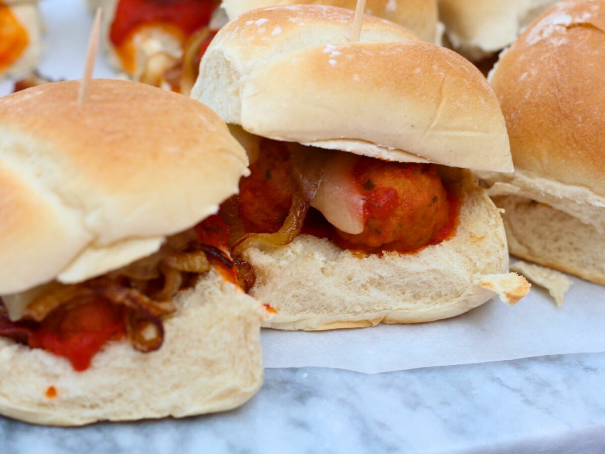 Meatball Sliders with Pepperoni and Caramelized Onions - Ginger Casa
