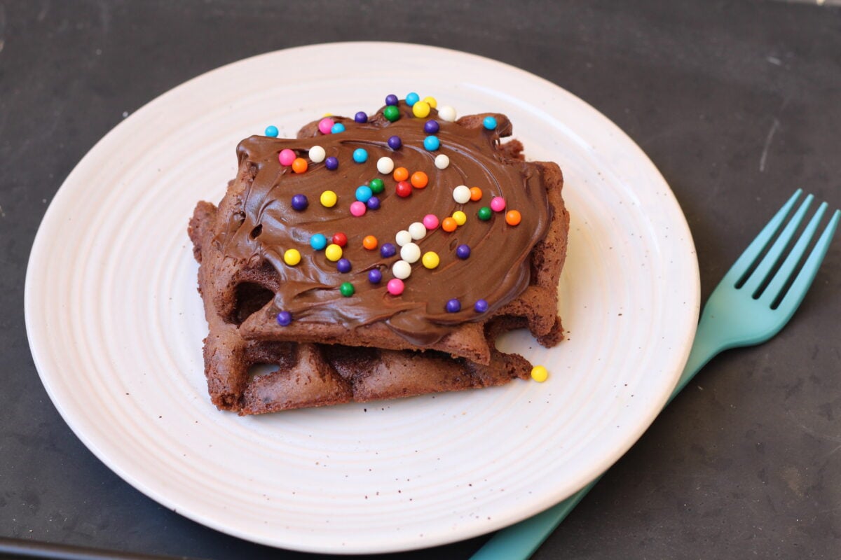 Dark Chocolate Brownie Waffles with Candy Sprinkles Recipe - Ginger Casa