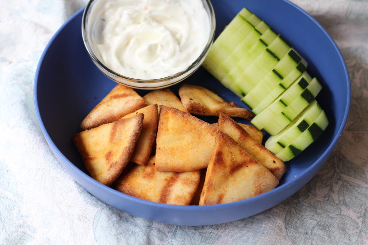 Hot Honey Pita Chips in the Air Fryer with Homemade Tzatziki - Ginger Casa